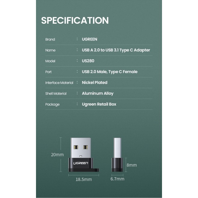 UGREEN 50568 USB-C 3.1 Female to USB-A 2.0 Male Adapter - PowerhousePC