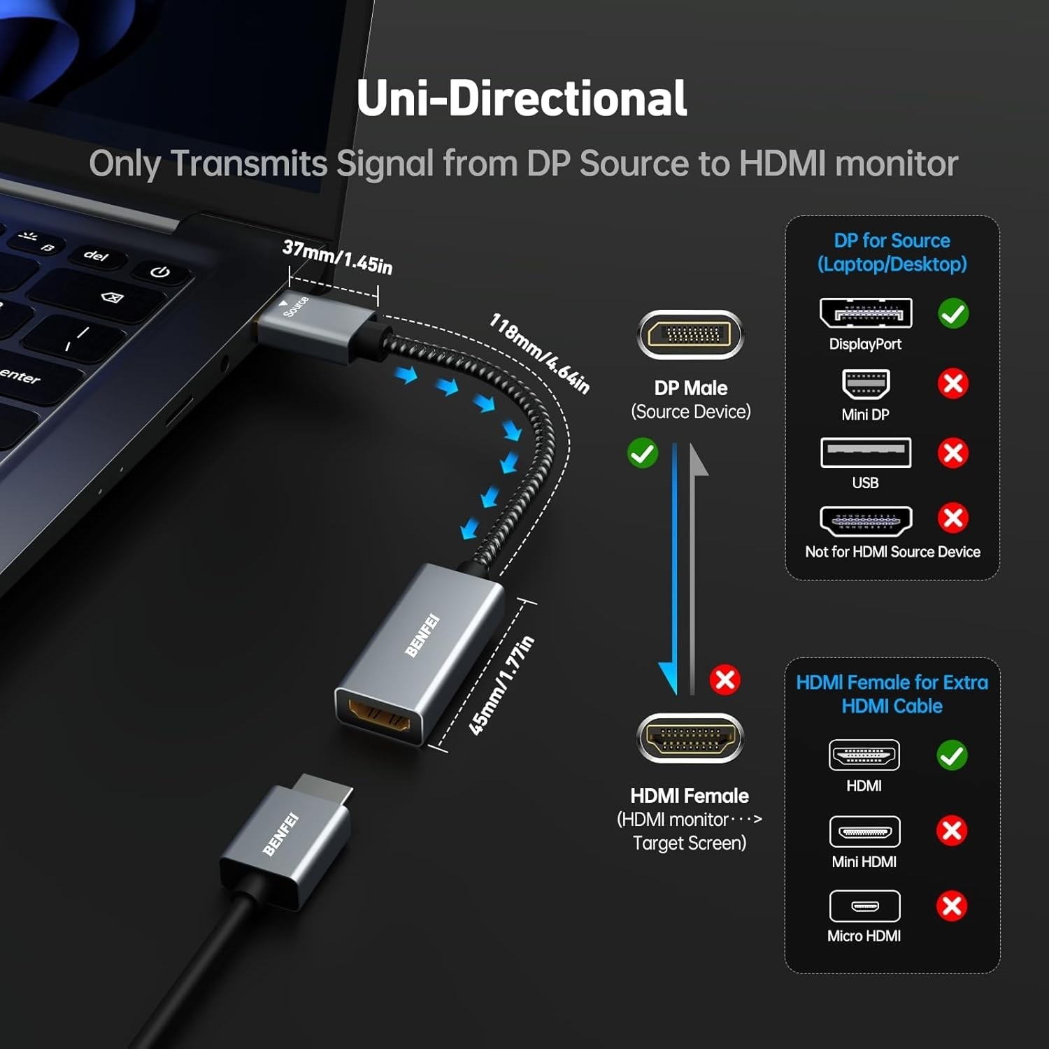 BENFEI 4K DisplayPort to HDMI Adapter, (2K 60Hz, 1080p 120Hz) Uni ...