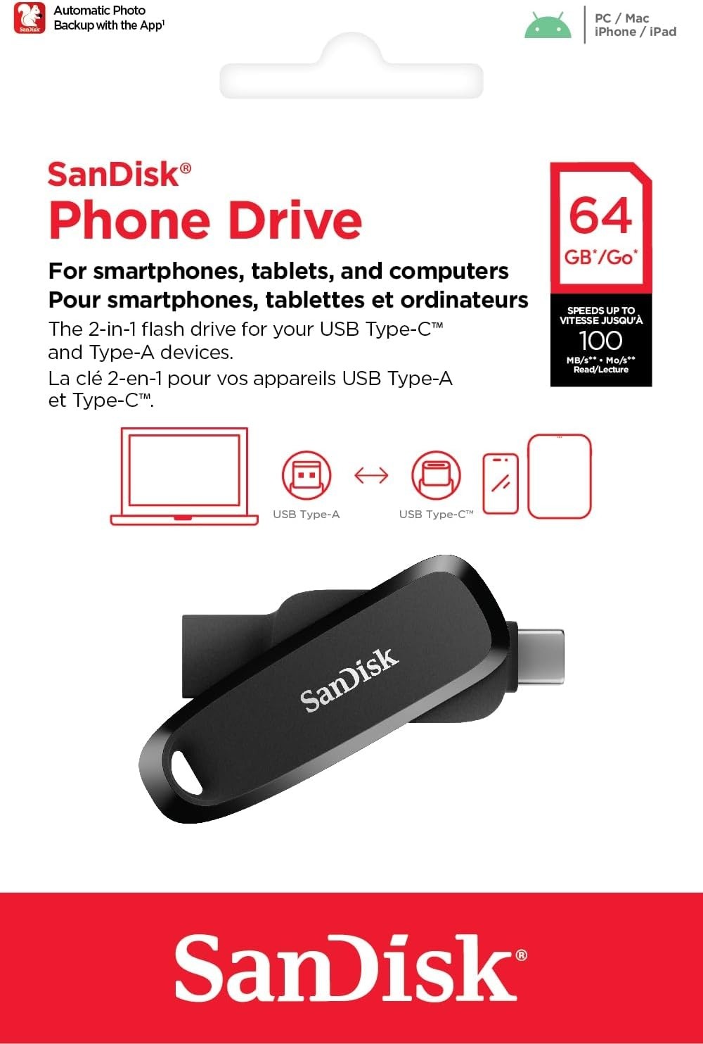 SanDisk 64GB Phone Dual Drive USB3.2 Type C+A Black (SDDDC6-064G-G46 ...