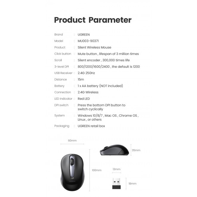 UGREEN 90371 Mini Portable Wireless Mouse - PowerhousePC