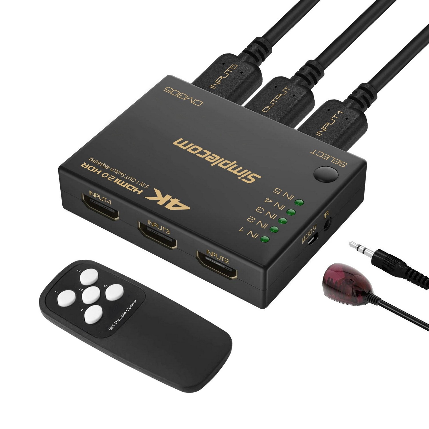 Simplecom CM305 Ultra HD 5 Way HDMI Switch 5 IN 1 OUT Splitter 4K@60Hz ...