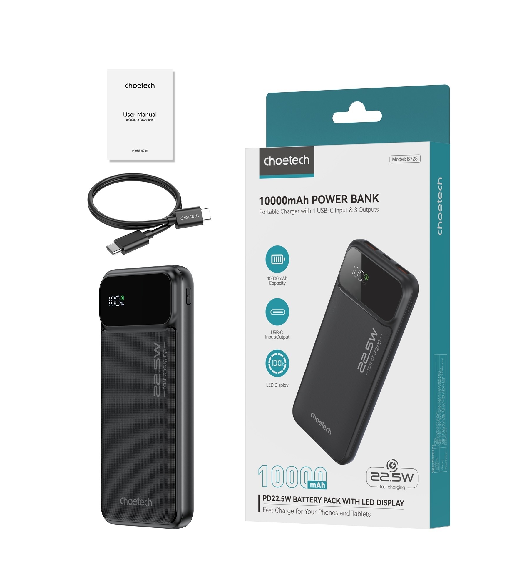 CHOETECH B728 10000mAh Power Bank PD22.5W with Digital Display ...
