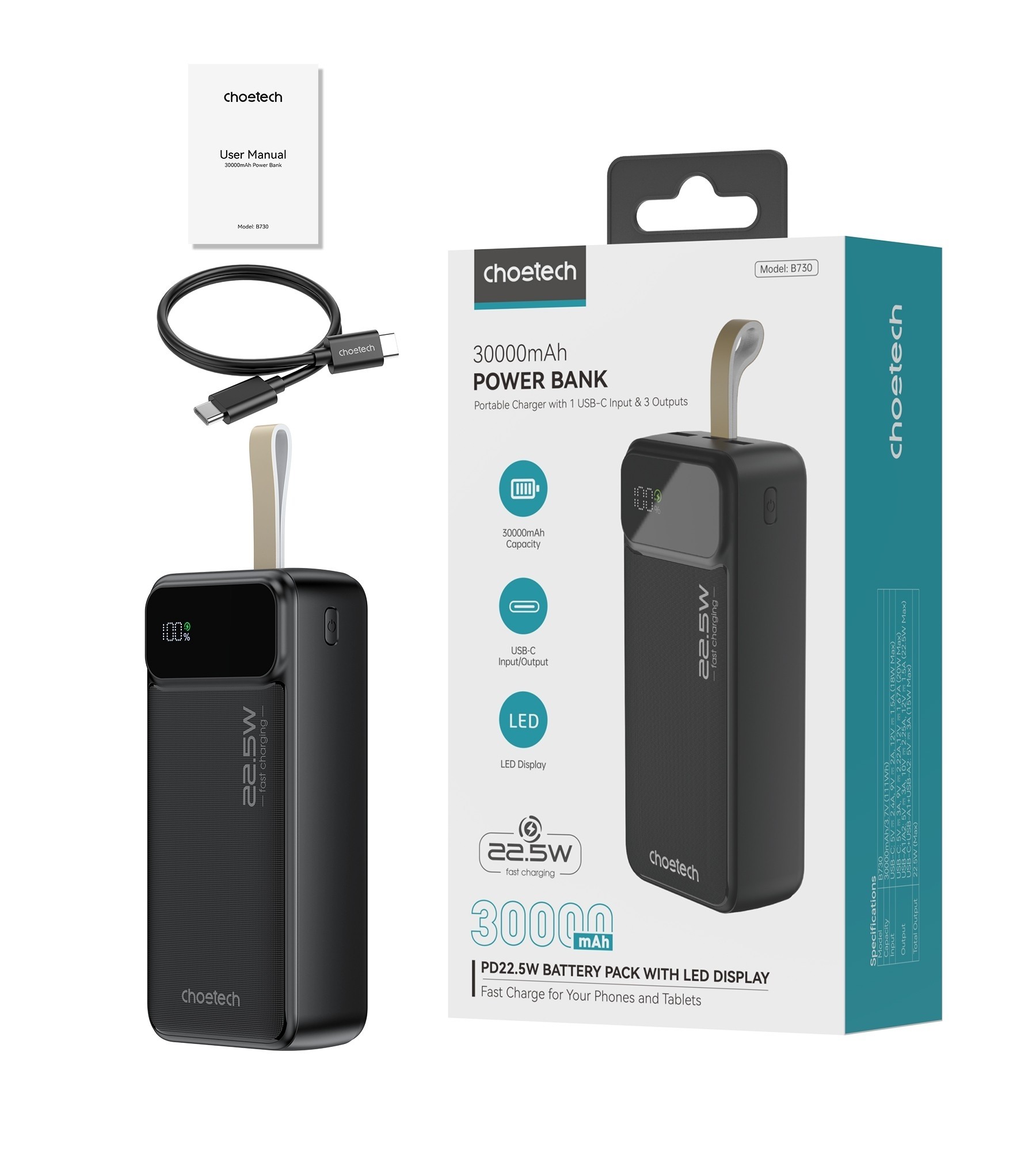 CHOETECH B731 40000mAh Power Bank PD22.5W with Digital Display ...