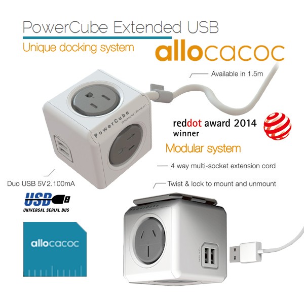 Allocacoc PowerCube Extended USB Powerboard 4-Outlets 2 USB Ports Grey ...