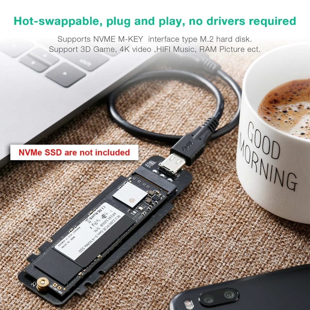CHOETECH PC-HDE02 M.2 to USB SSD Reader (Enclosure only) Supports M-Key ...