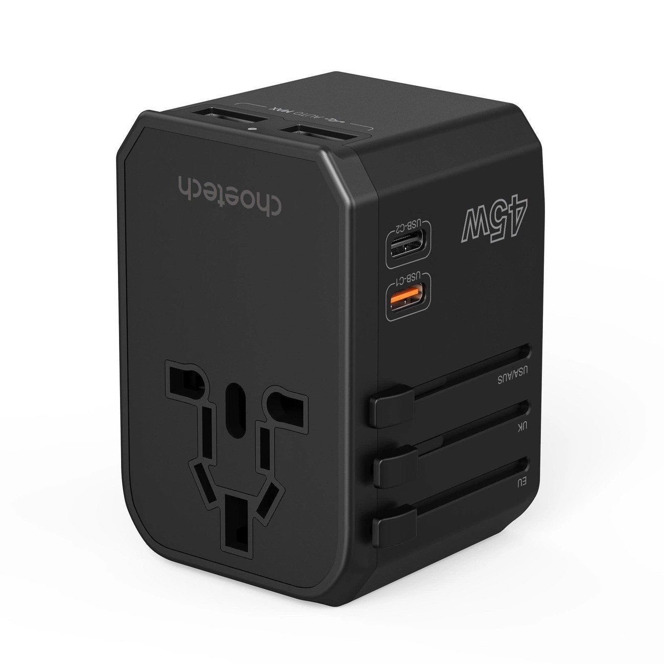 CHOETECH PD6045 GaN Tech 2C+2A 45W Travel Adapter with US EU UK AU Plugs Black - PowerhousePC