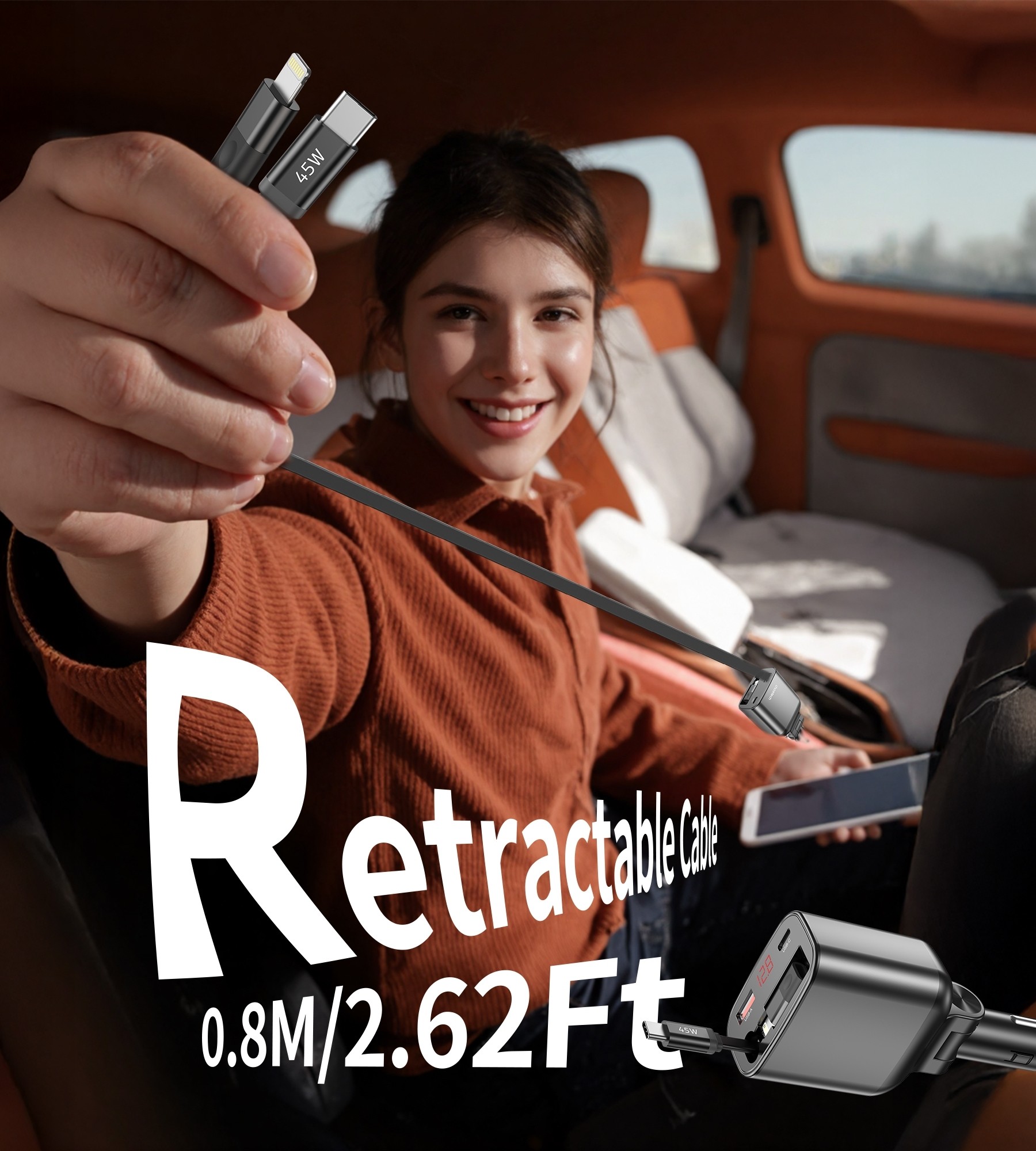 CHOETECH TC0033 105W USB-C+USB-A Fast car charger with Stretchable USB ...