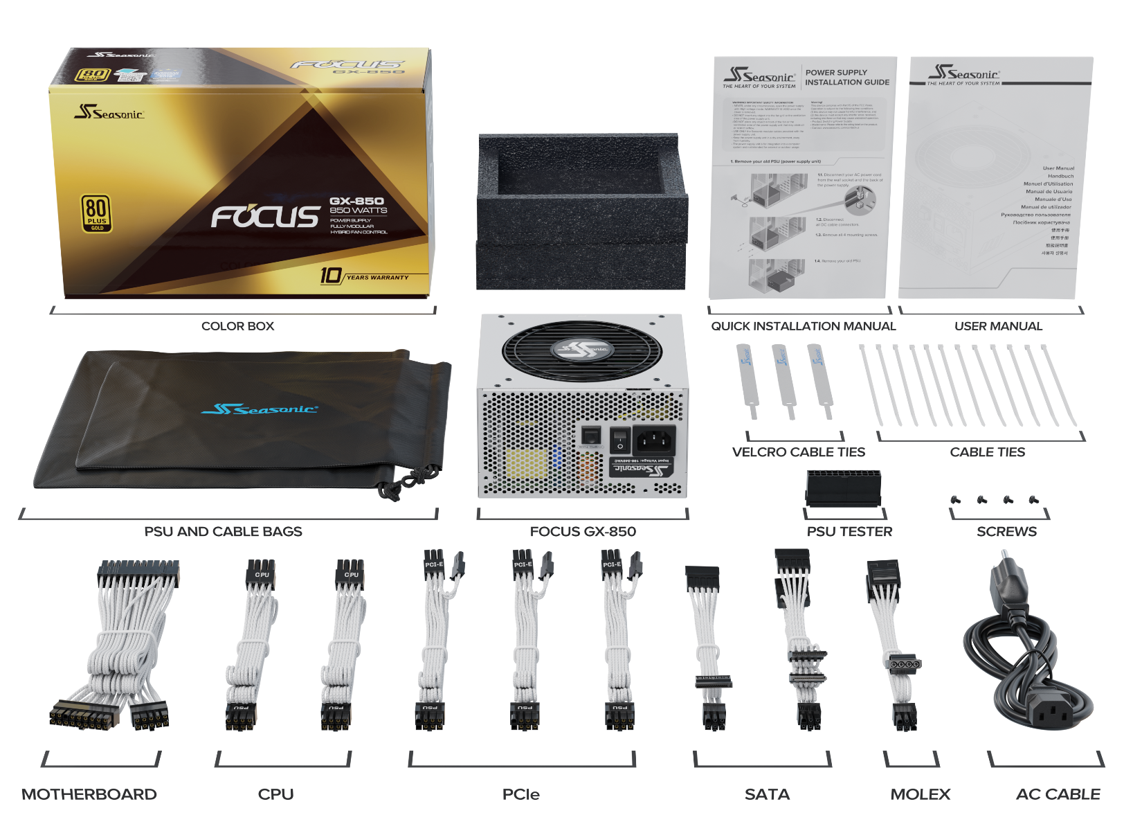 Seasonic FOCUS GX-850 White 850W ATX 3.0 Gold Modular PSU - PowerhousePC