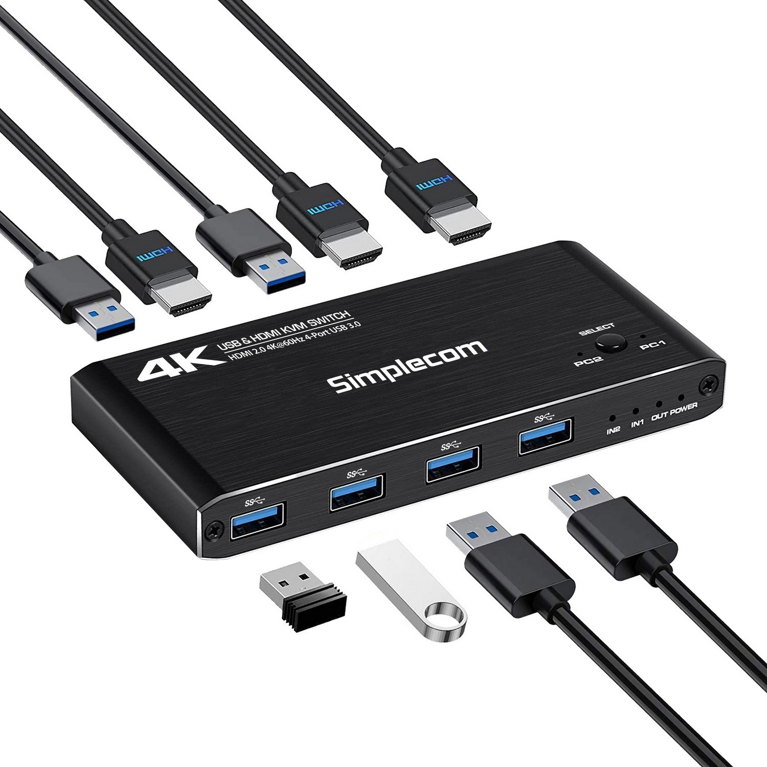 Simplecom KM420 2-Port HDMI KVM Switch HDMI 2.0 4K@60Hz 4-Port USB 3.0 ...