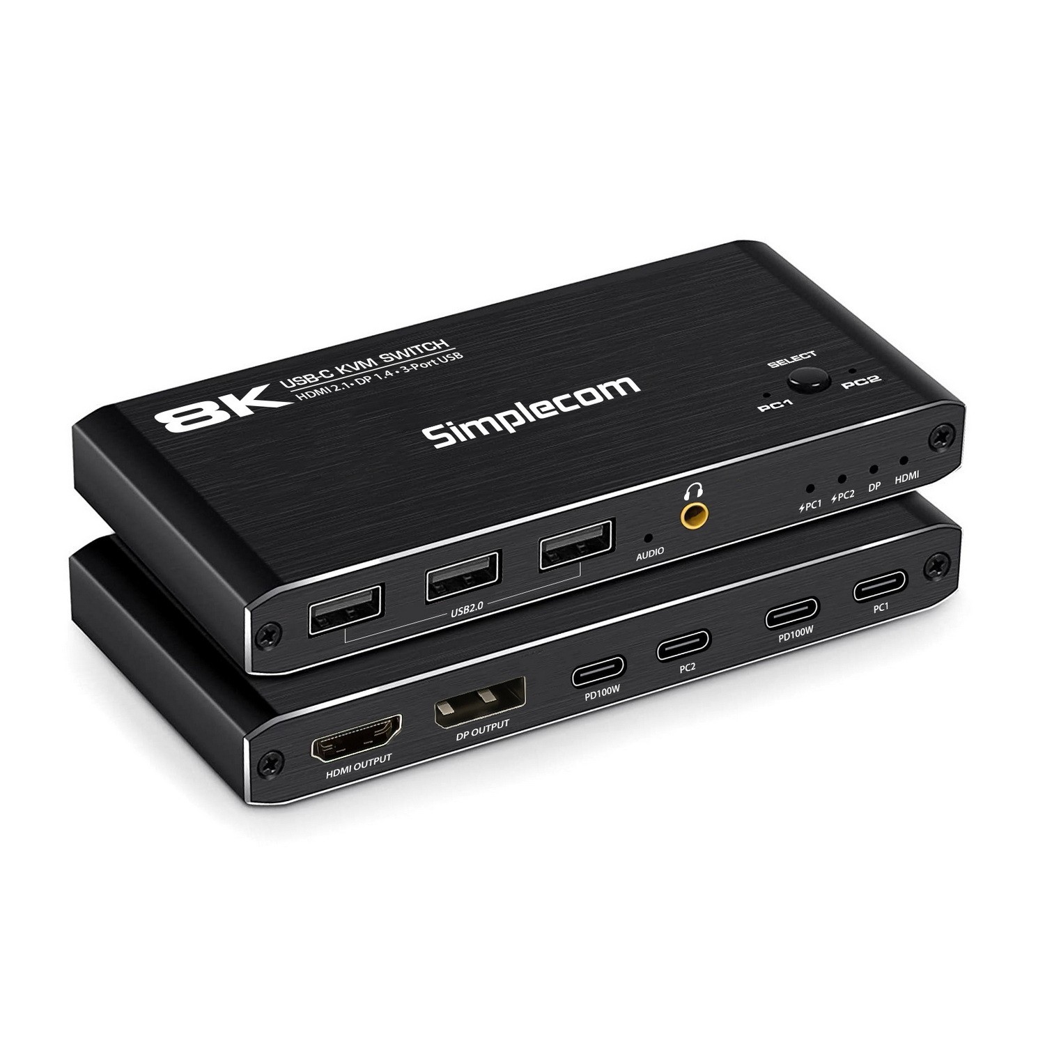 Simplecom KM470 2-Port USB-C KVM Switch 8K Docking Station HDMI 2.1 DP ...