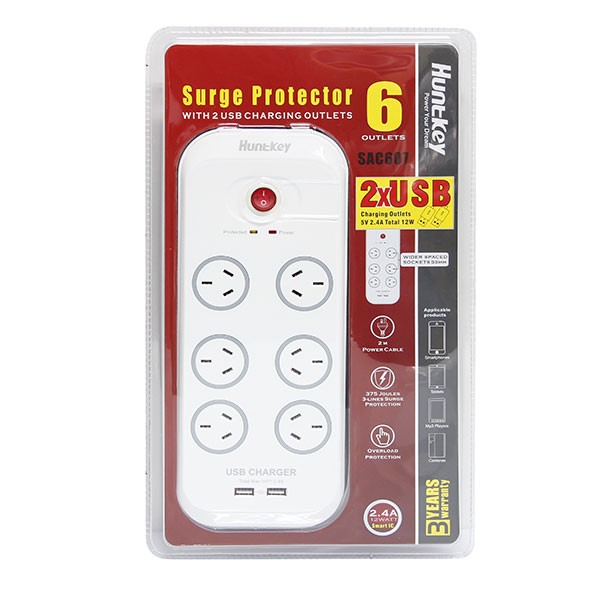 Huntkey 6-Outlet Surge Protector with 2 USB Charging Outlets (SAC607 ...